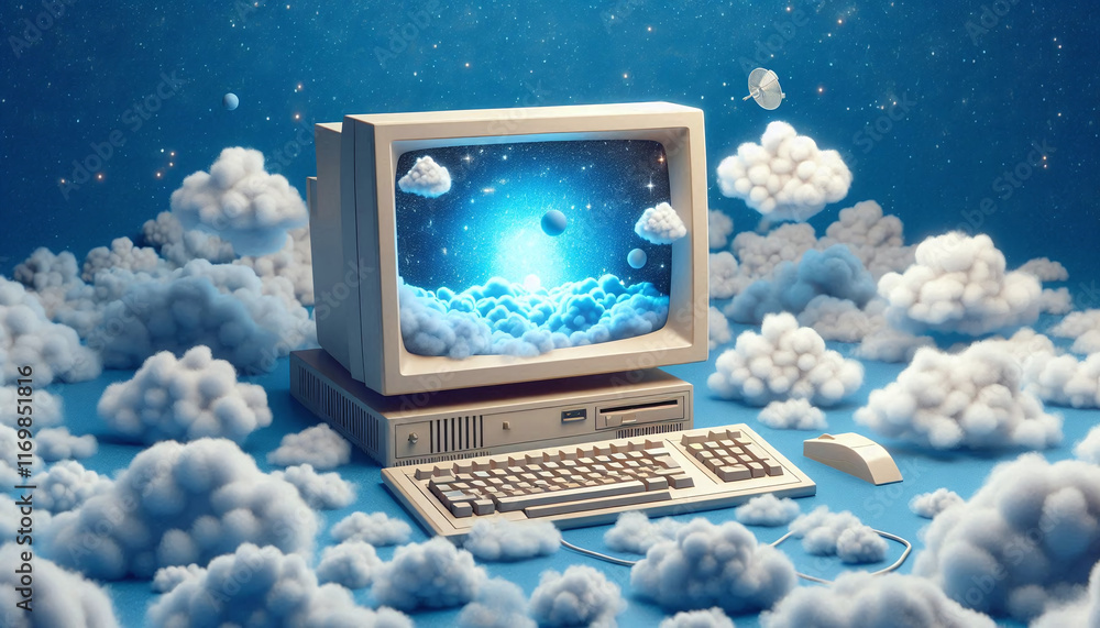 Retro computer with cloud and blue sky background, whimsical concept ...