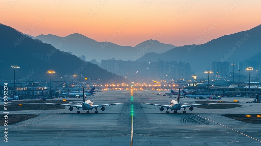 Dynamic airport operations planes taxiing and taking off at a busy ...