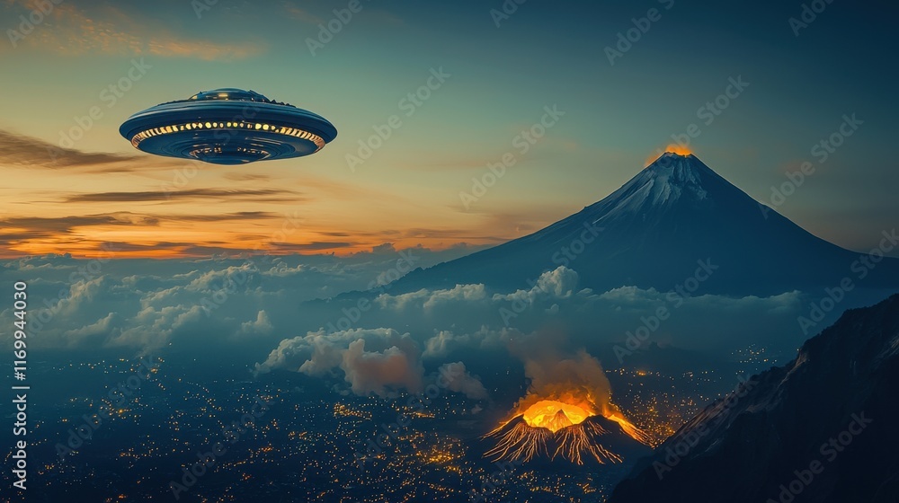 Ufo encountering volcanic eruption mount volcano location sci-fi image natural disaster ...