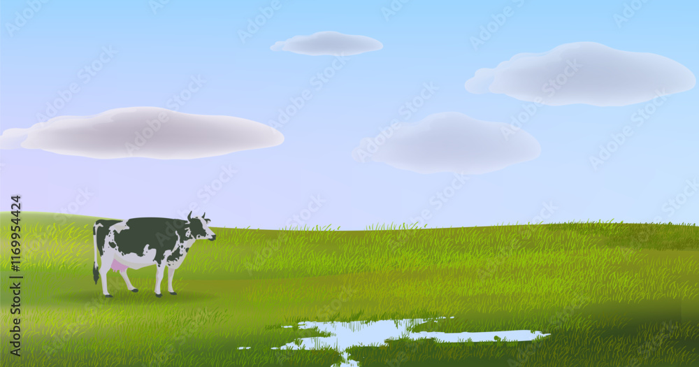 Livestock farm with cow, cattle on farming land view background vector ...