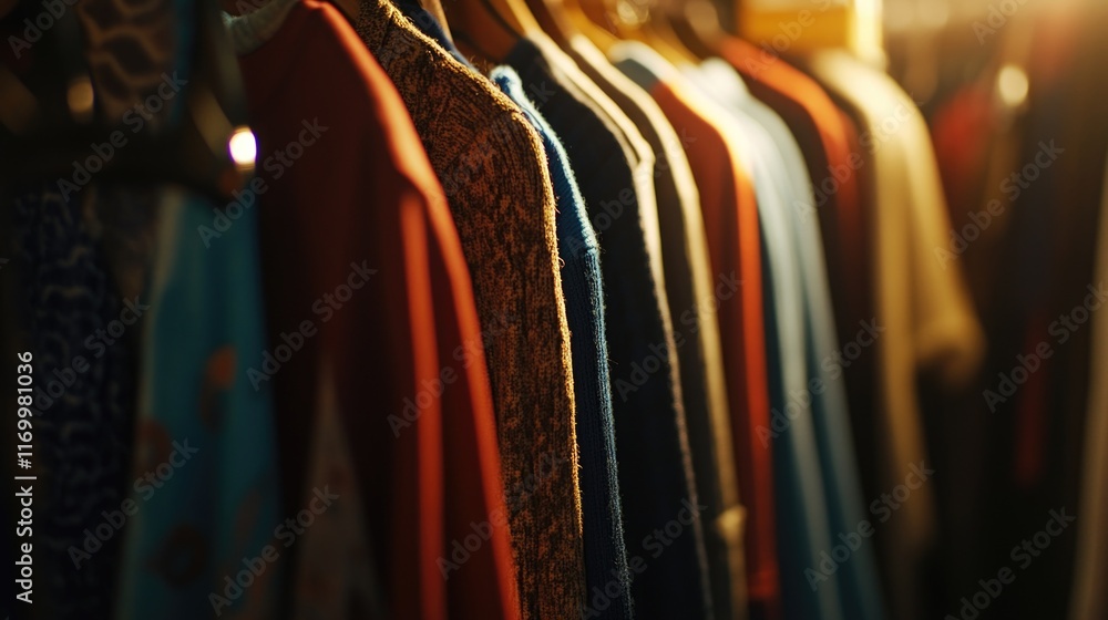Colorful clothing rack of shirts and dresses on display in a store ...