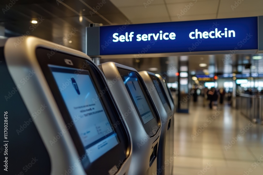 Airline check-in kiosk with touchscreen display Self-service kiosks in modern airport terminal ...