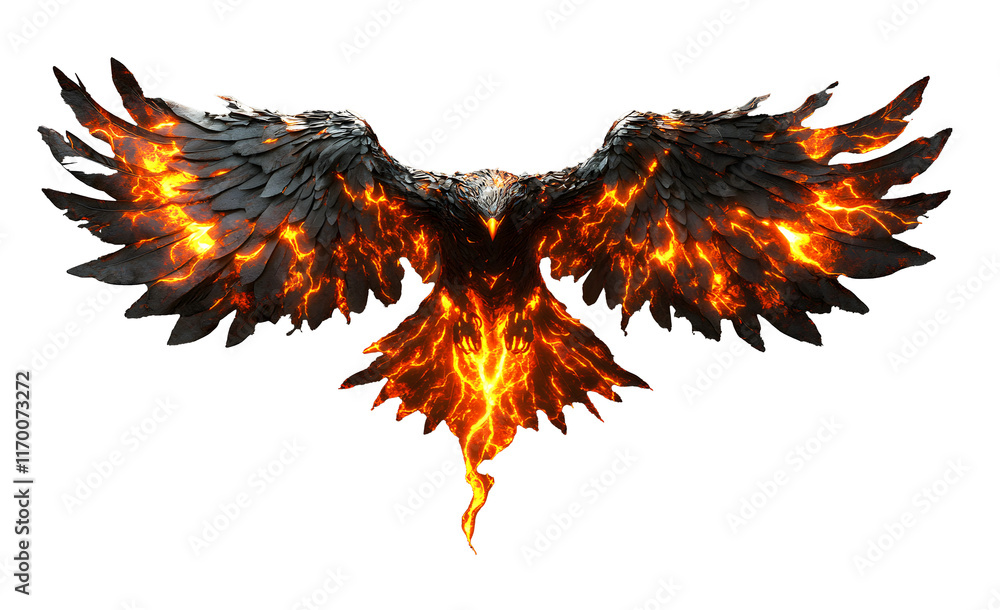 Bird eagle in flight crafted entirely from molten magma or lava and ...