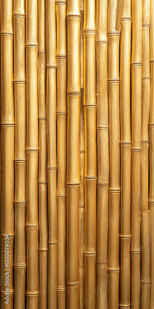 Artistic arrangement of golden bamboo poles creating textured wall ...