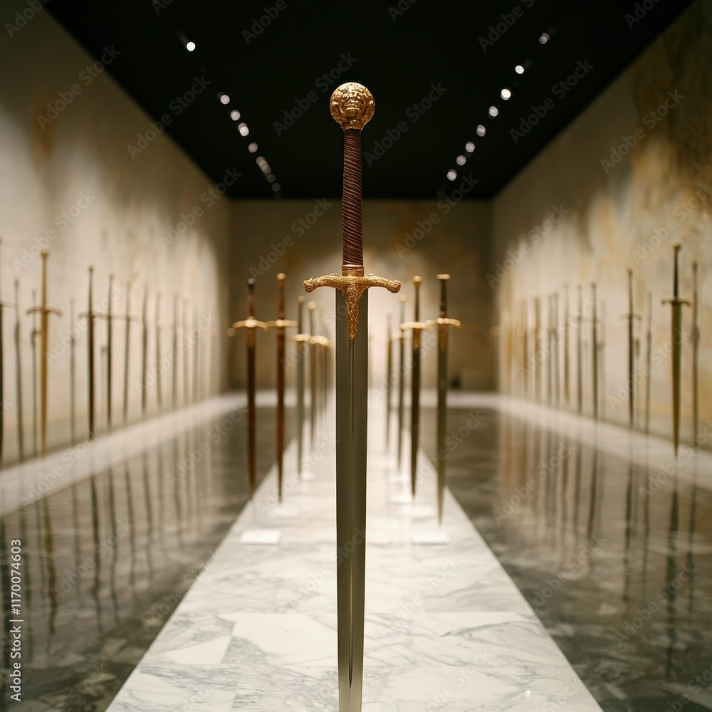 Museum exhibit with antique European swords, set in a grand hall with ...