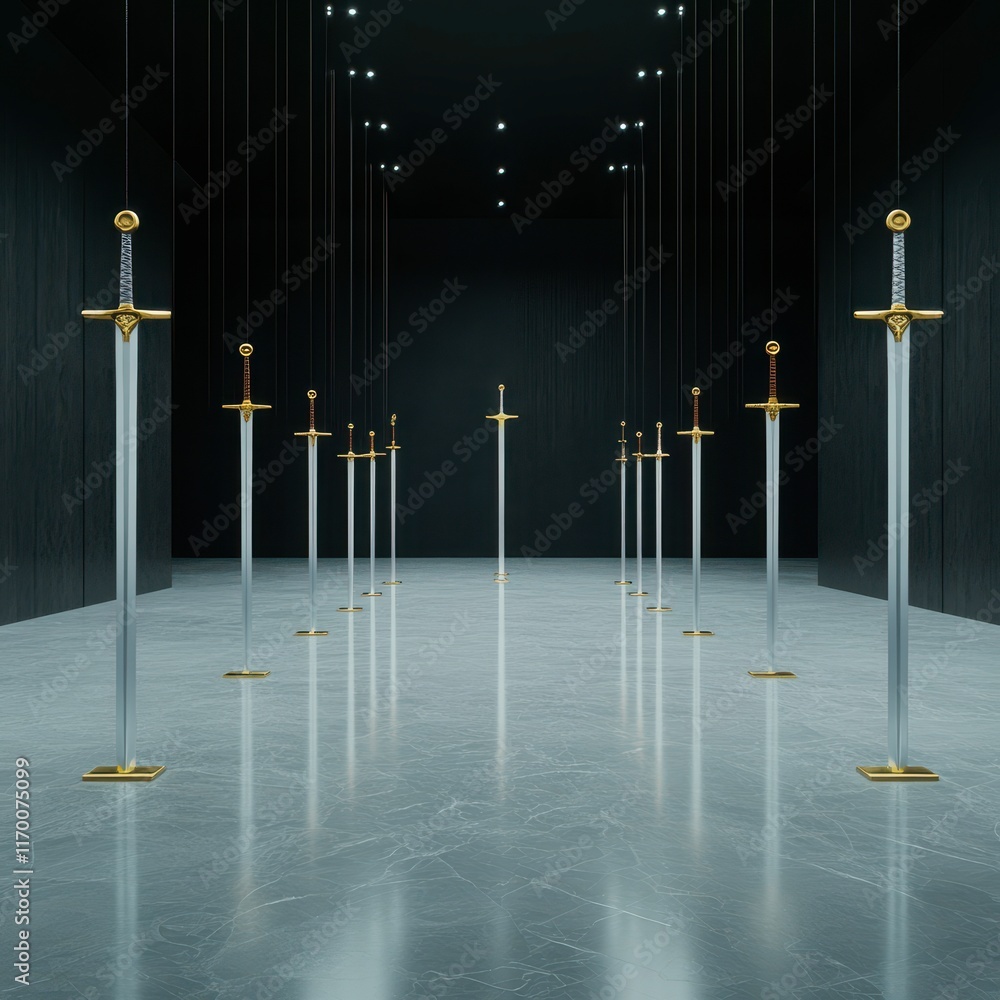 Antique sword collection set in a grand museum hall with tall columns ...