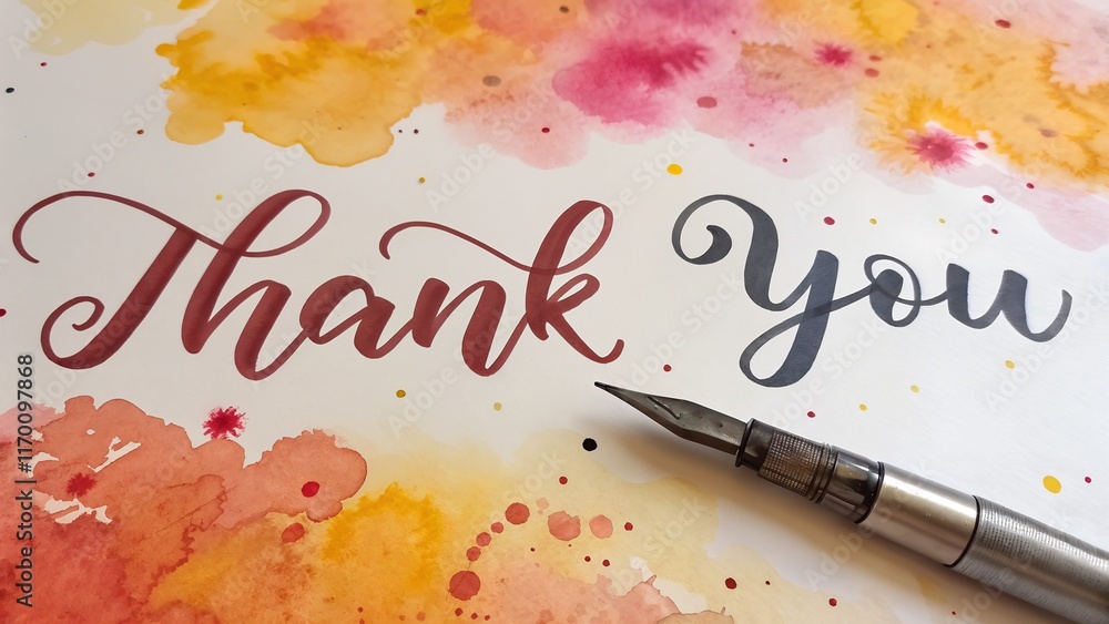 Cursive handwritten 'Thank You' text with warm watercolor tones and an ...