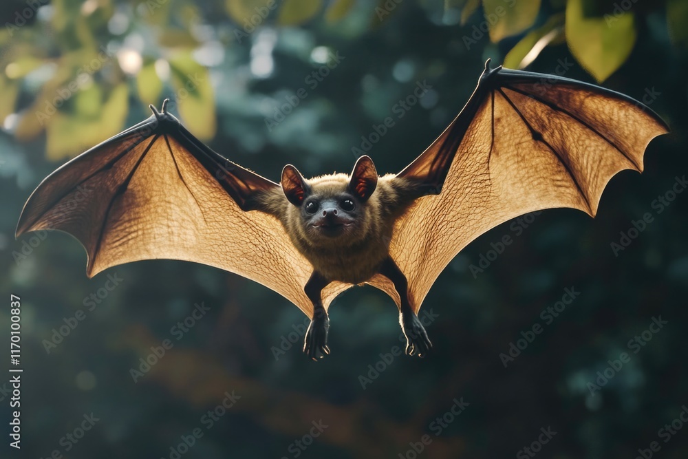 Bat is flying through the air with its wings spread wide. The bat is ...