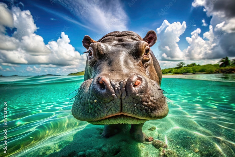 Hyperrealistic underwater hippo image. Serene blue water. Breathtaking ...