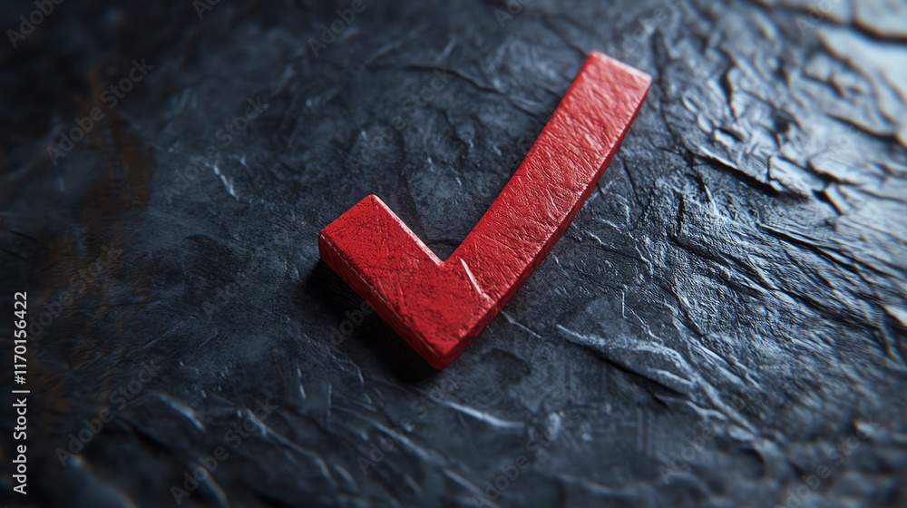 Red check mark on a textured dark background, symbolizing approval and ...