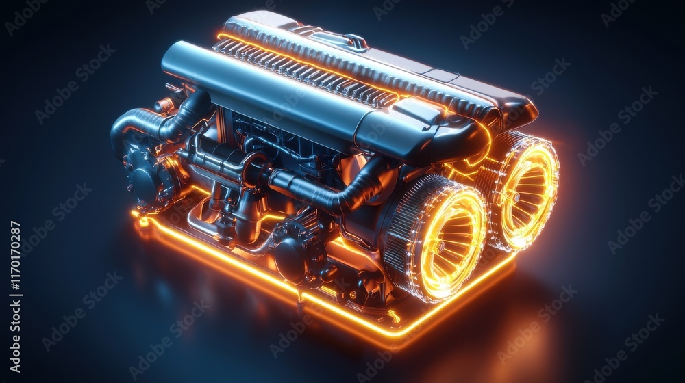 Stylized 3D car engine icon with glowing edges, showcasing internal ...