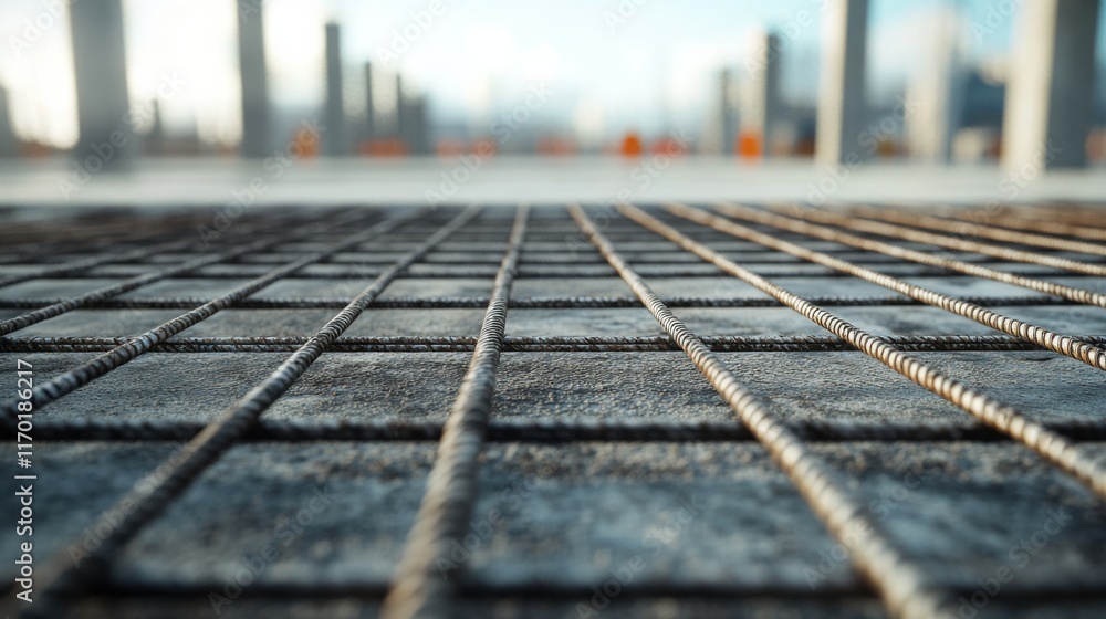 Reinforced concrete slab with visible rebar grid, close-up with ...