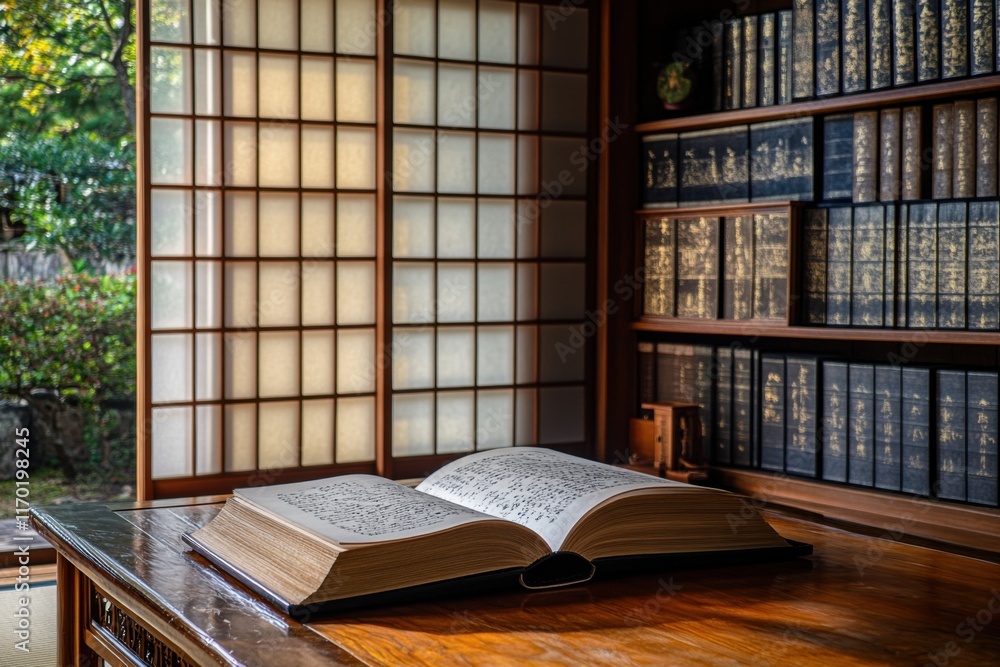 Traditional Japanese living space with tatami mats, shoji doors, and a ...