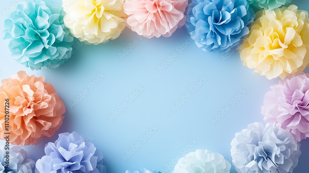 Pastel paper pom poms form a lovely frame Stock Illustration | Adobe Stock