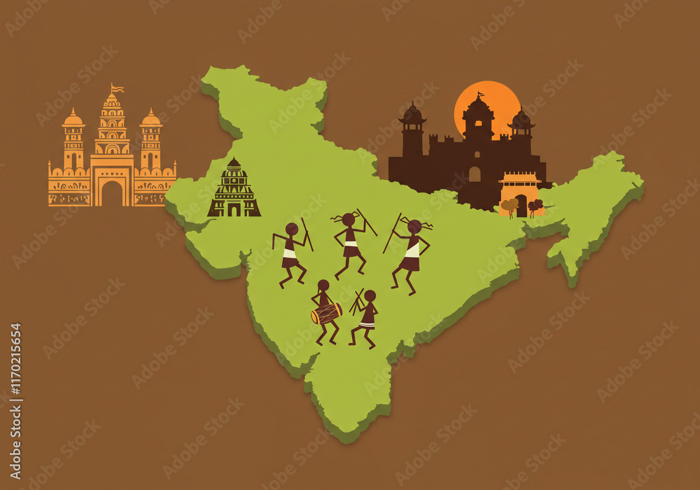 Map of India featuring cultural symbols, historical landmarks, and ...