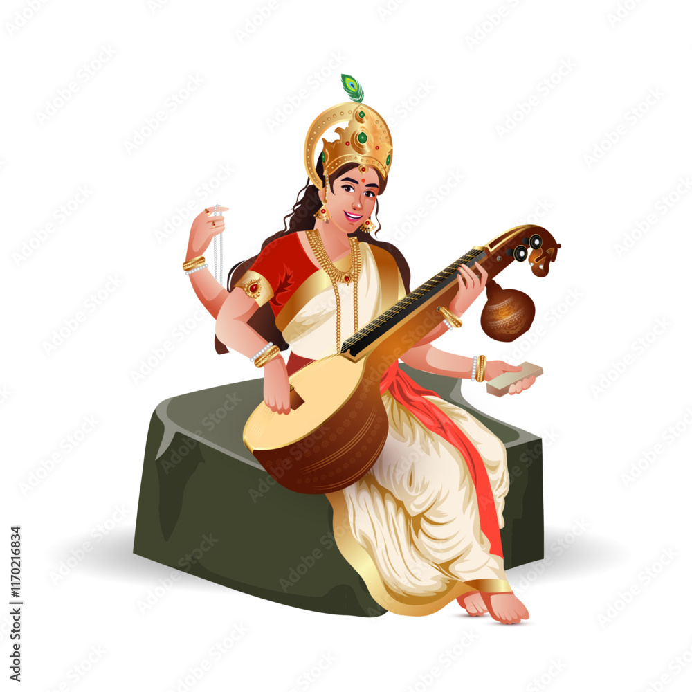 Goddess Saraswati Mata Vector Art. Hindu Goddess of Knowledge Saraswati ...