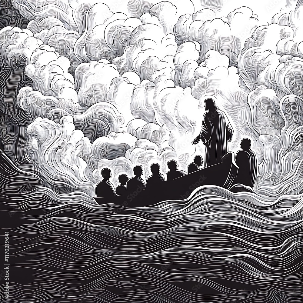 Jesus Christ Teaching Disciples in a Boat on a Stormy Sea A Black and ...