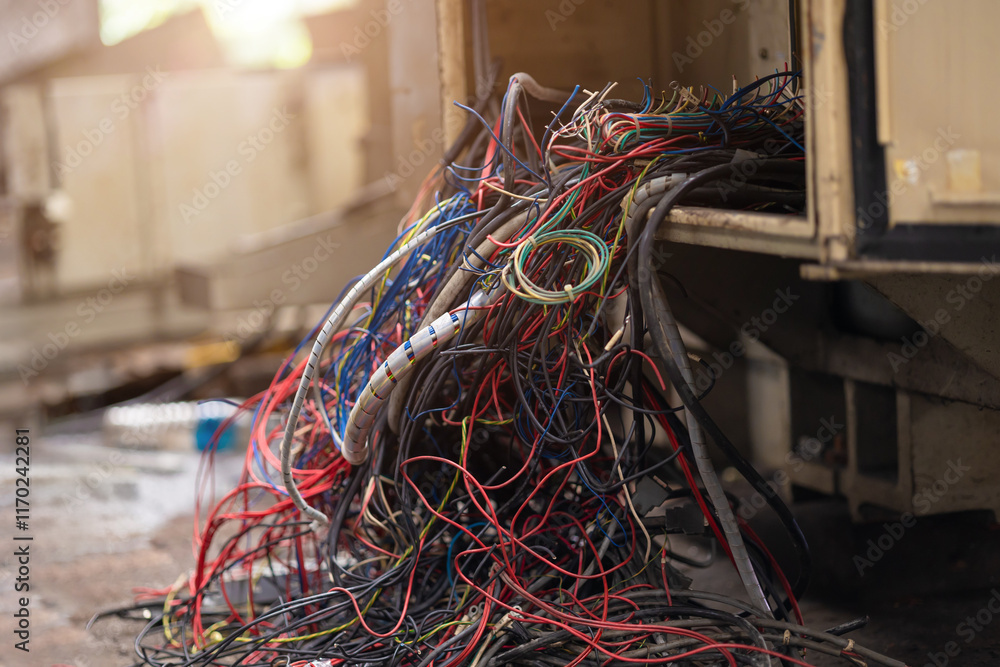 Electrical cable pile. tangled mess of electrical wires bulge out from ...