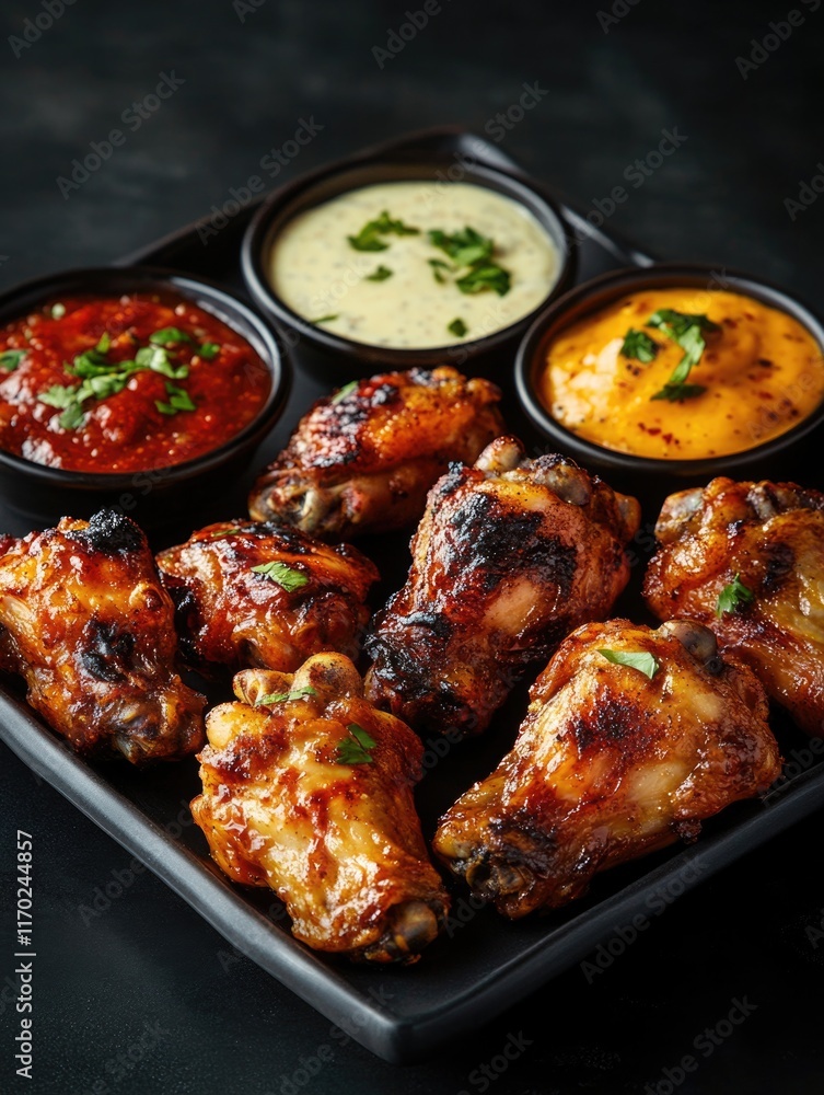 A platter of chicken wings in various flavors, ready for dipping. Shows ...