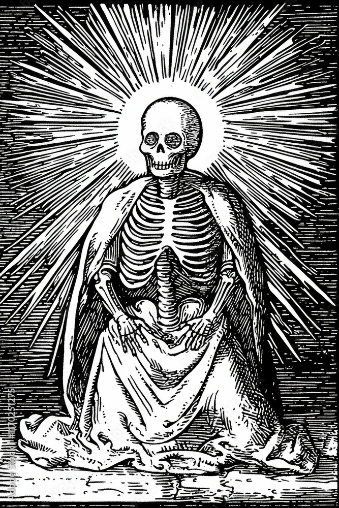 A kneeling skeleton in a robe, enveloped in radiant light, depicted in ...