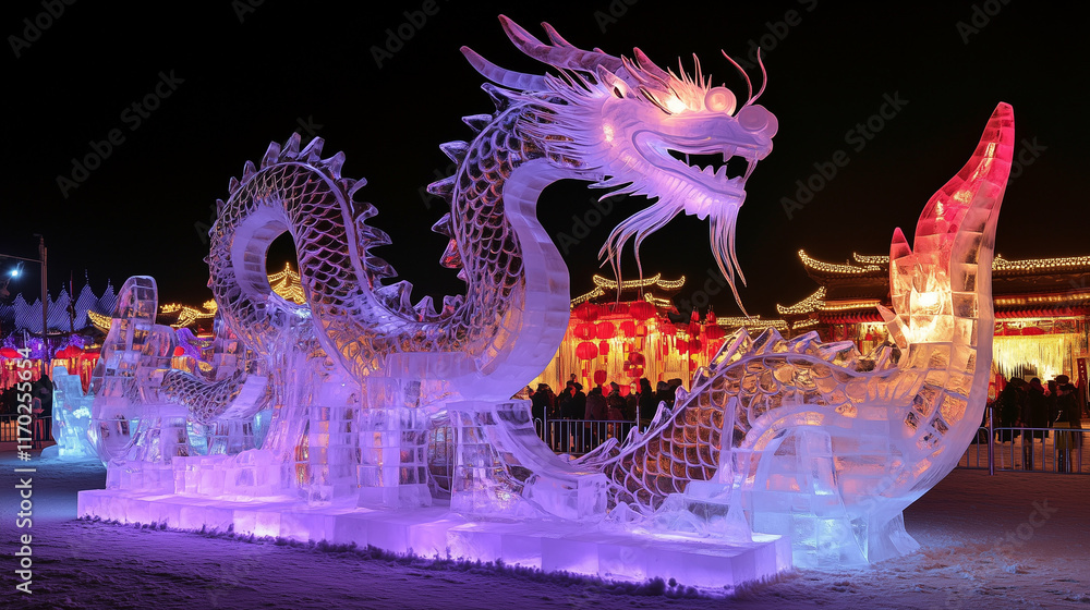 Traditional Chinese Elements in Ice: Dragon Sculptures, Lanterns, and ...