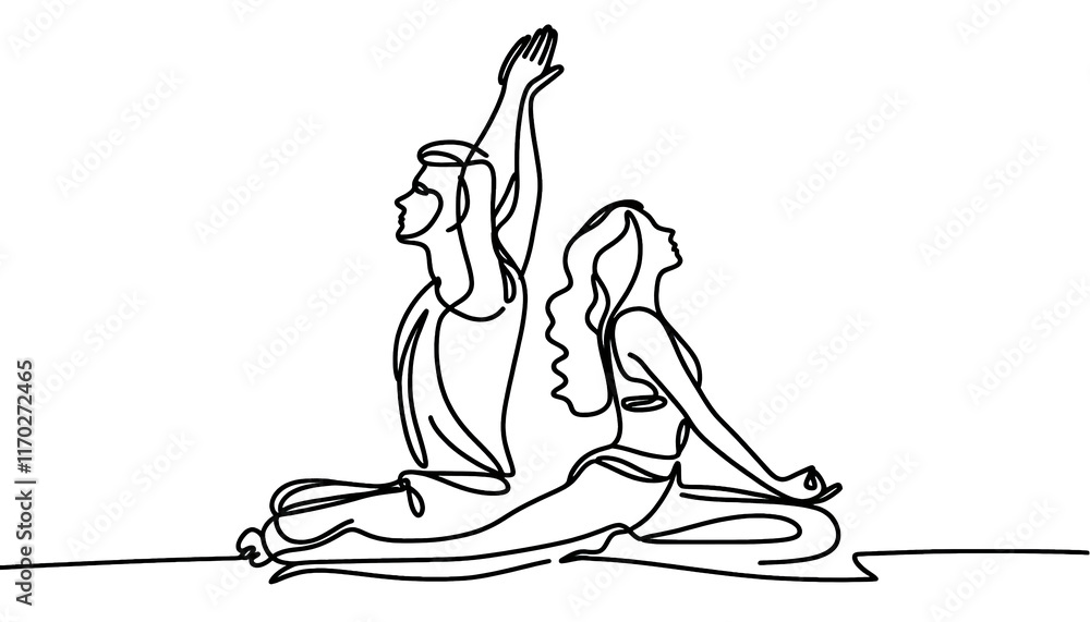 Simple one line drawing a man and woman in yoga pose . Transparent ...