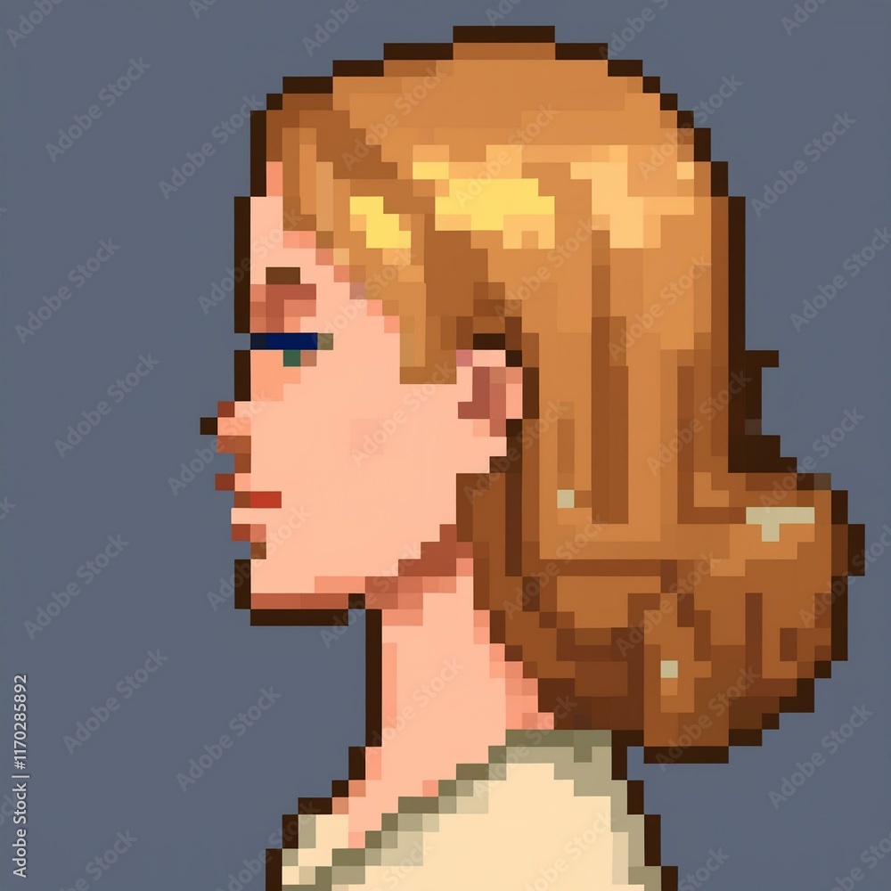 Digital illustration in pixel art depicting the profile of a young ...