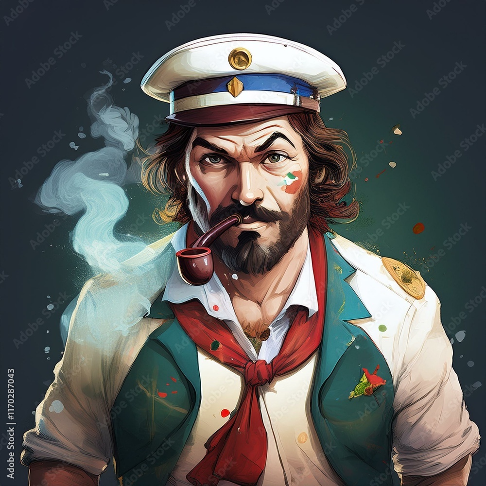 Artistic portrait of a sailor smoking a pipe, with a surreal style ...