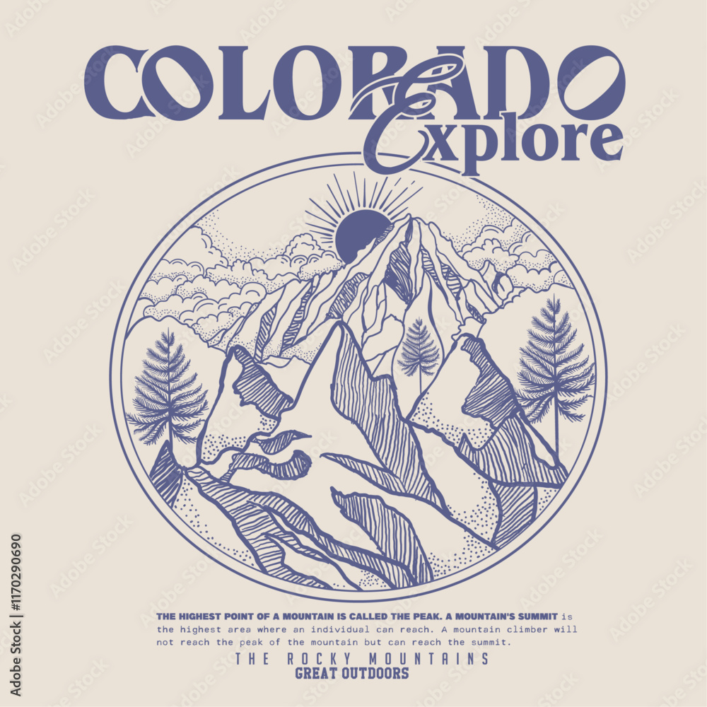 Colorado Explore. Adventue nature of mountain, hand drawn vintage print ...