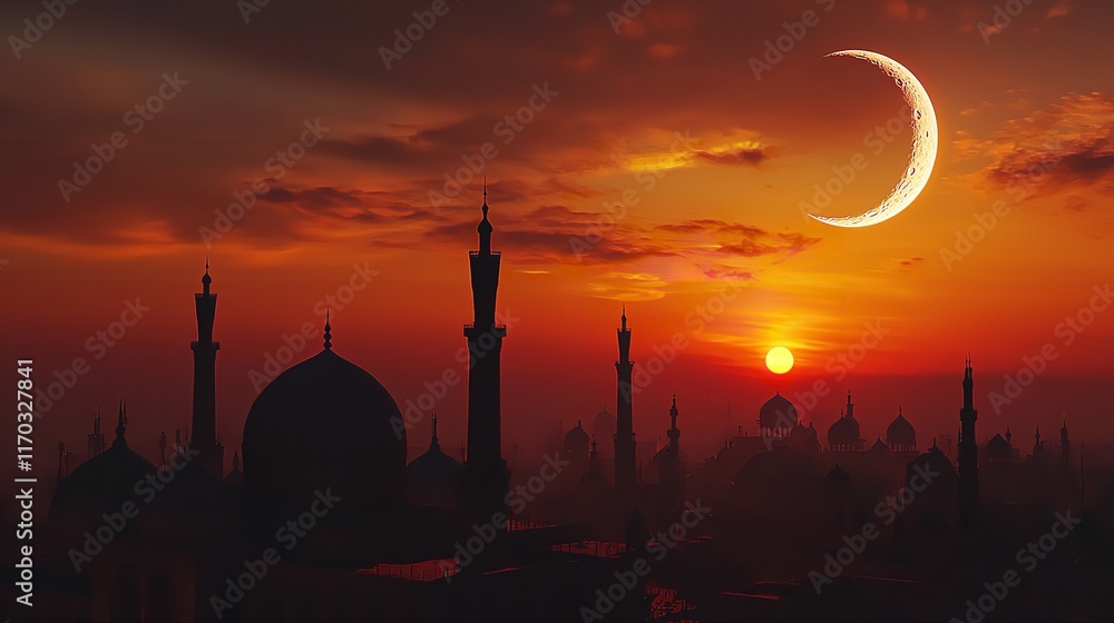 Mosque sunset sky moon holy night islamic night and silhouette mosque ...