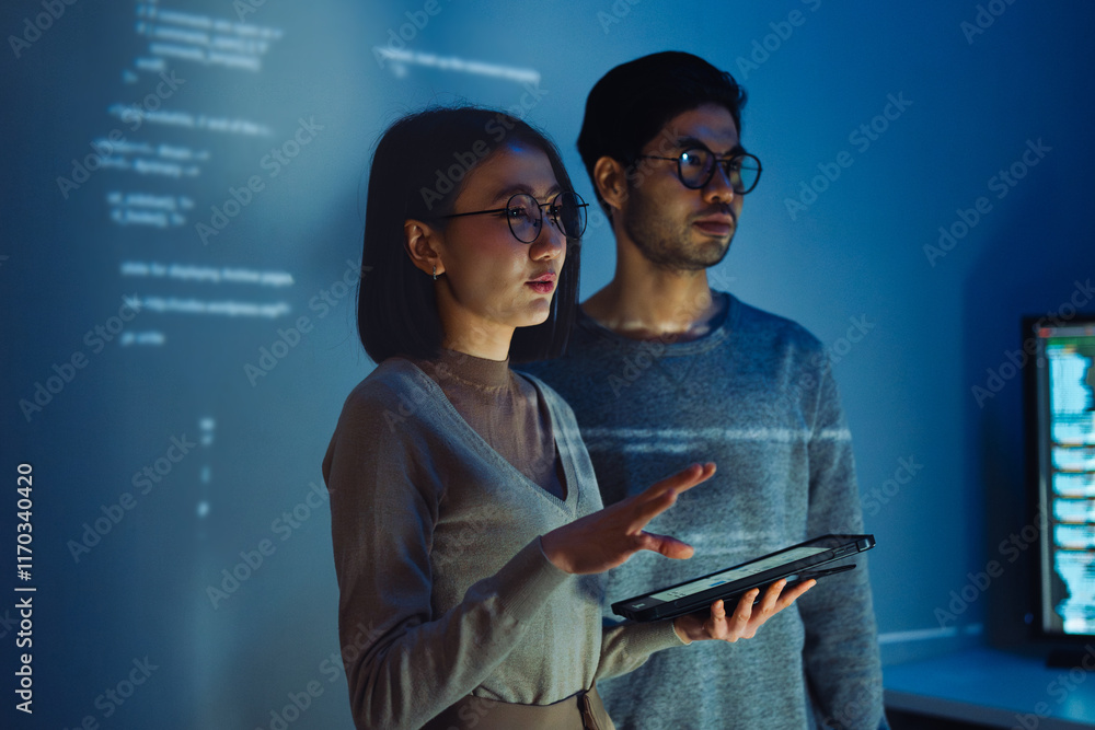 Foto de Stock Asian Two software developers engaged in collaborative coding session, with code ...