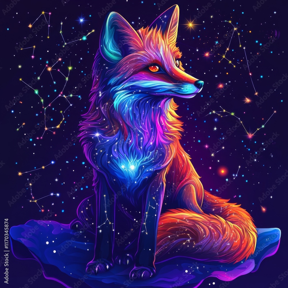Cosmic fox illuminated by constellations, sitting on a nebula rock ...