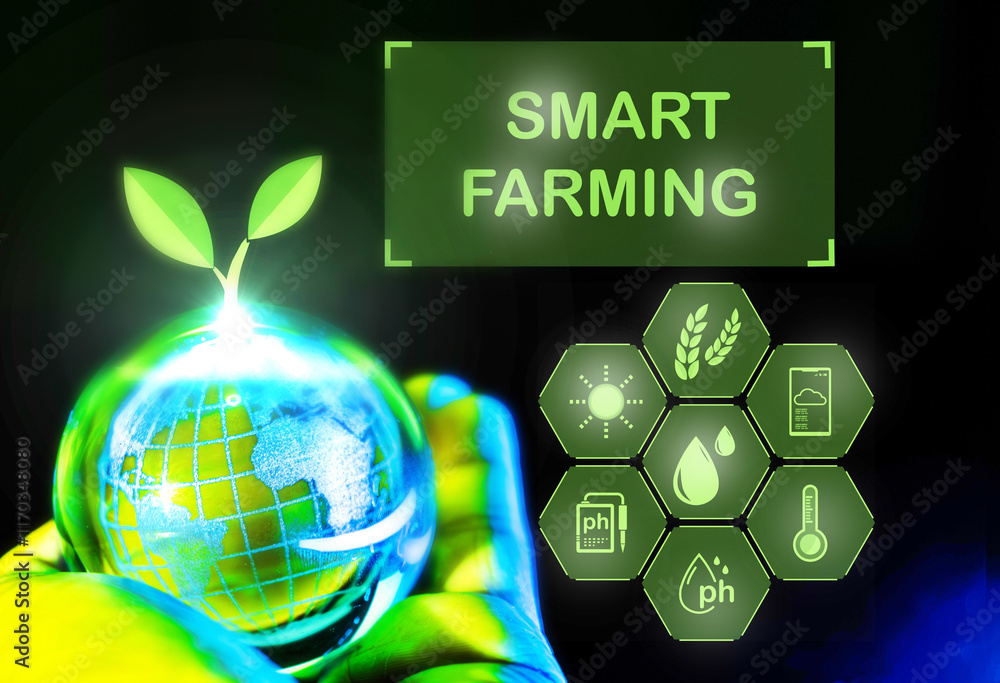 Crystal Global ball holographically displaying innovative agricultural tools and technology ...