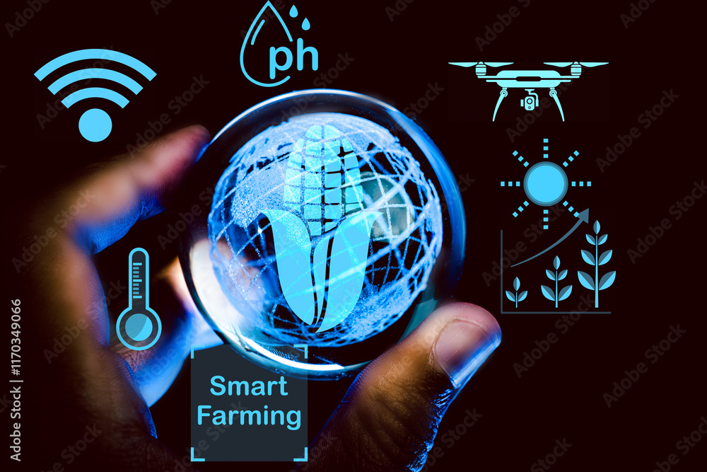 Crystal Global ball holographically displaying innovative agricultural tools and technology ...