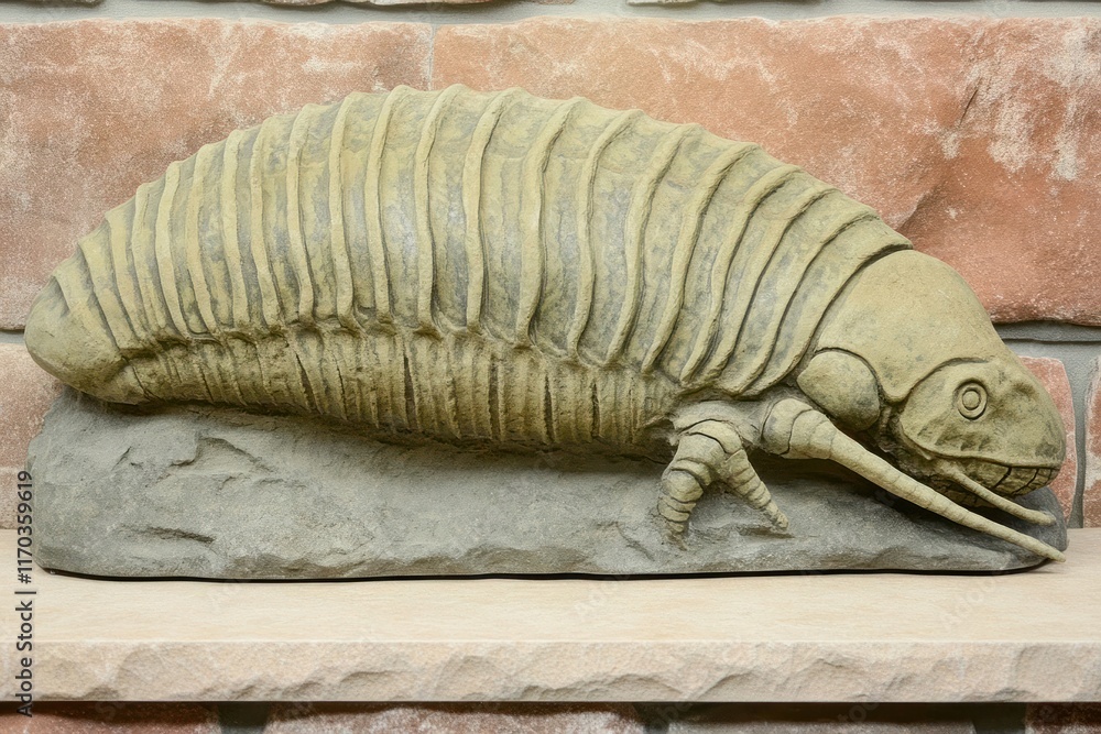 Trilobite fossil replica on shelf, brick background, museum display ...