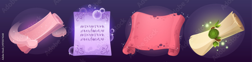 Magic parchment scrolls set isolated on background. Vector cartoon ...