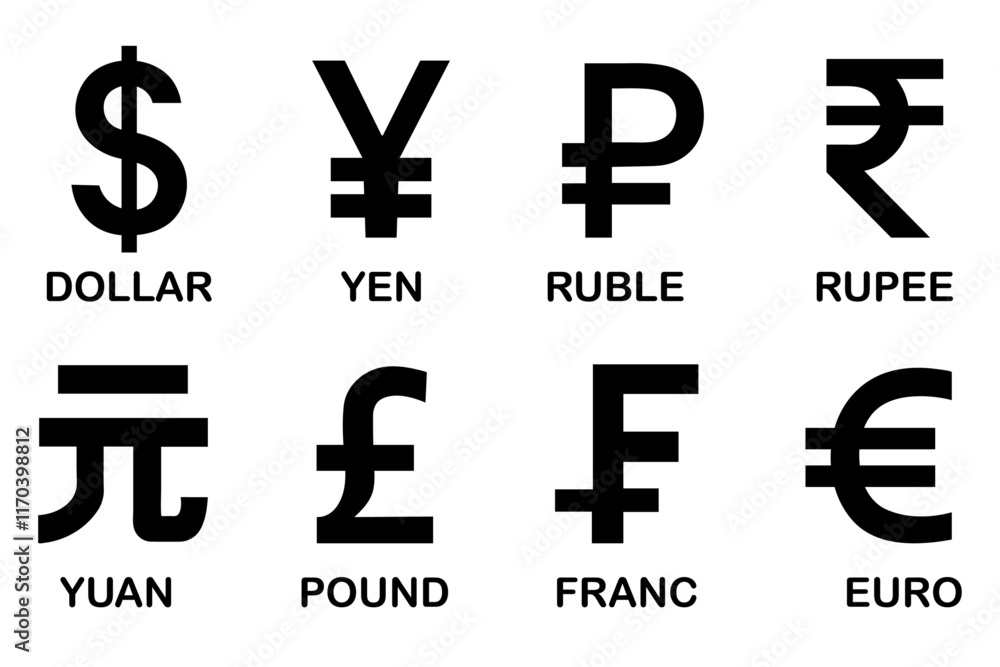 Collection of most popular currency symbol isolated on white background ...
