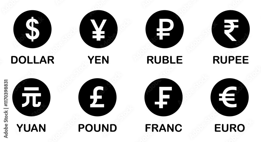 Collection of most popular currency symbol isolated on white background ...