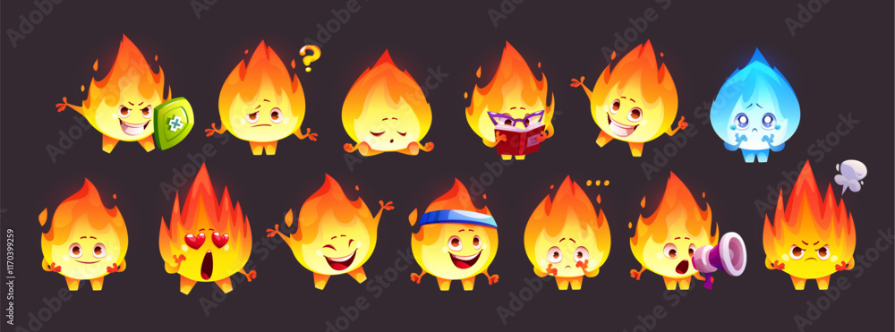 Cute flame mascot emotions and actions set - fiery character brave with ...