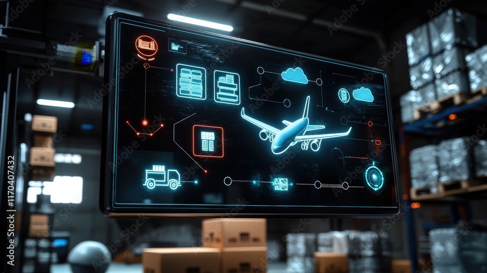 Cargo Management and Warehouse Scheduling Solutions concept. Futuristic display showing ...
