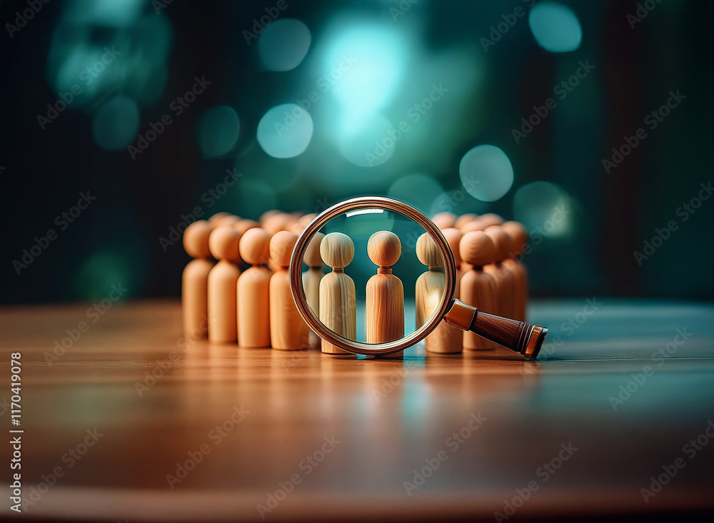 A magnifying glass focuses on a single light-colored wooden figure ...