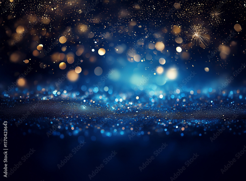 Deep blue background with shimmering gold and blue glitter, creating a ...