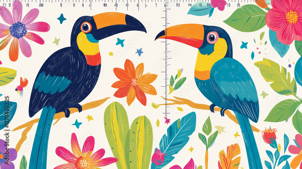 Kids height chart. Mexican toucan birds, hummingbirds and flowers ...