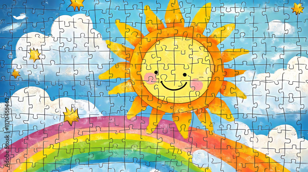 Math game worksheet. Cartoon sun characters, rainbow and clouds ...