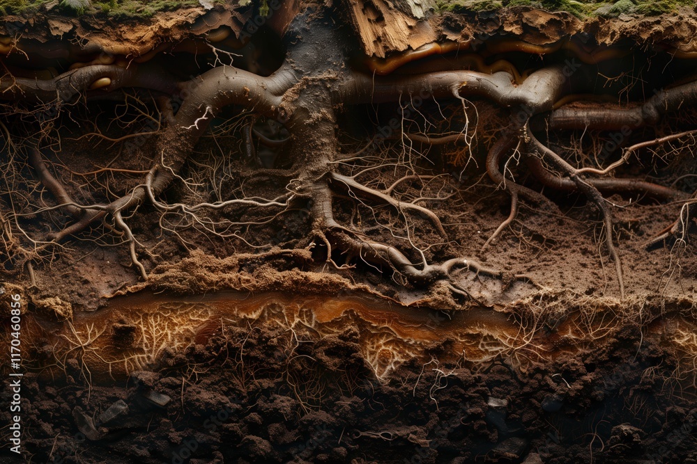 Detailed cross-section of forest soil showing tree roots intertwined ...