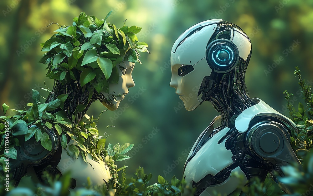 Futuristic scene of two humanoid robots, one leafy and organic, the other sleek and metallic ...