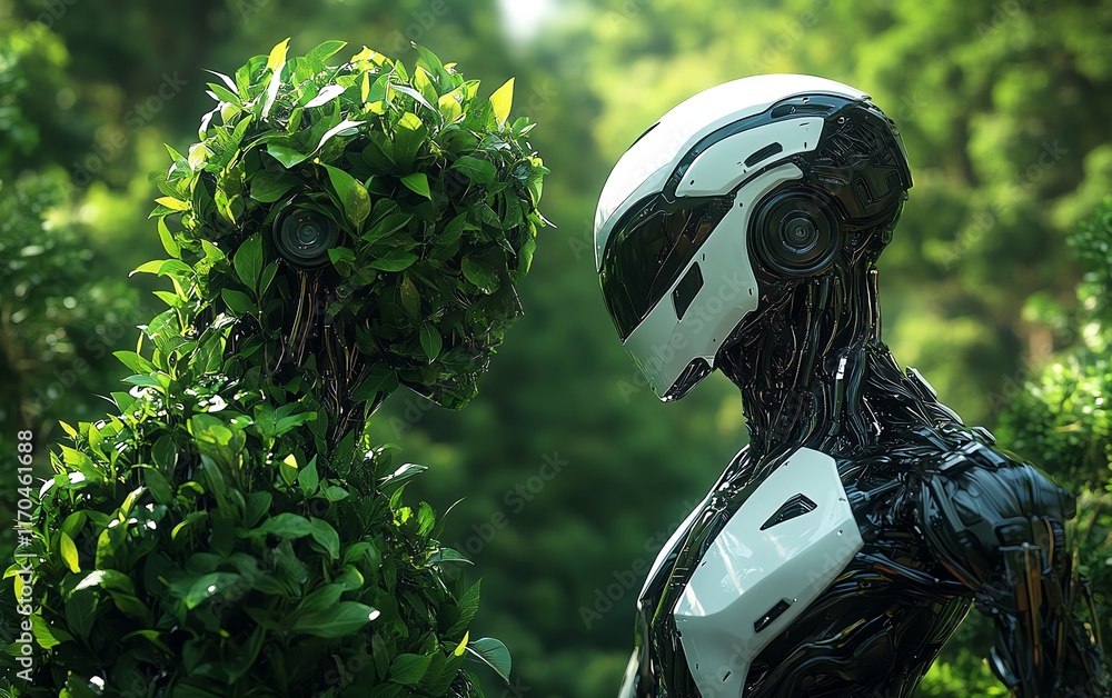 Futuristic scene of two humanoid robots, one leafy and organic, the ...