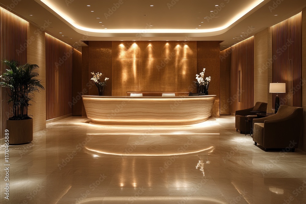 Elegant hotel reception area with smiling man checking in and hotel ...
