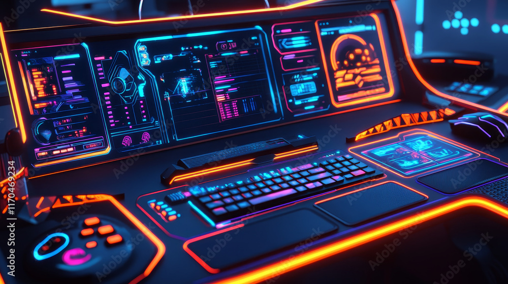 Overlay game interface, neon screen panel and frames, vector UI ...