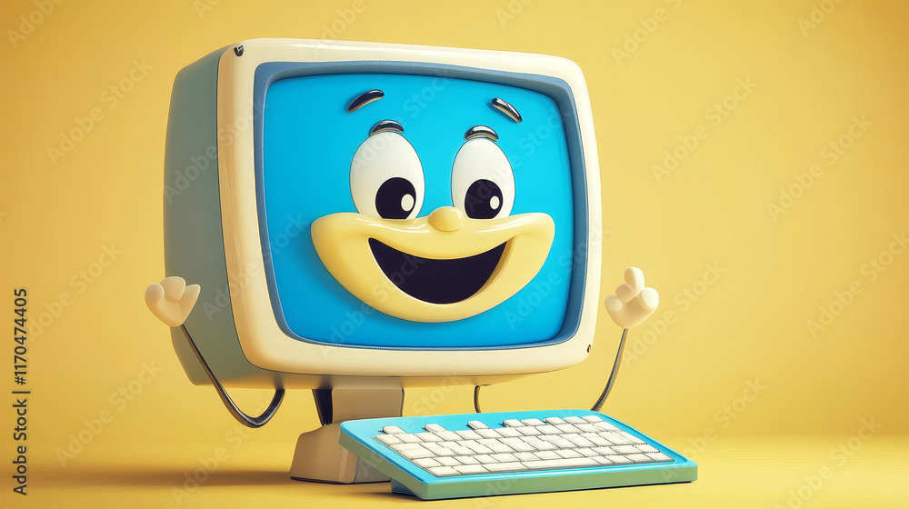 Cartoon groovy computer monitor character. Vector pc personage in a ...